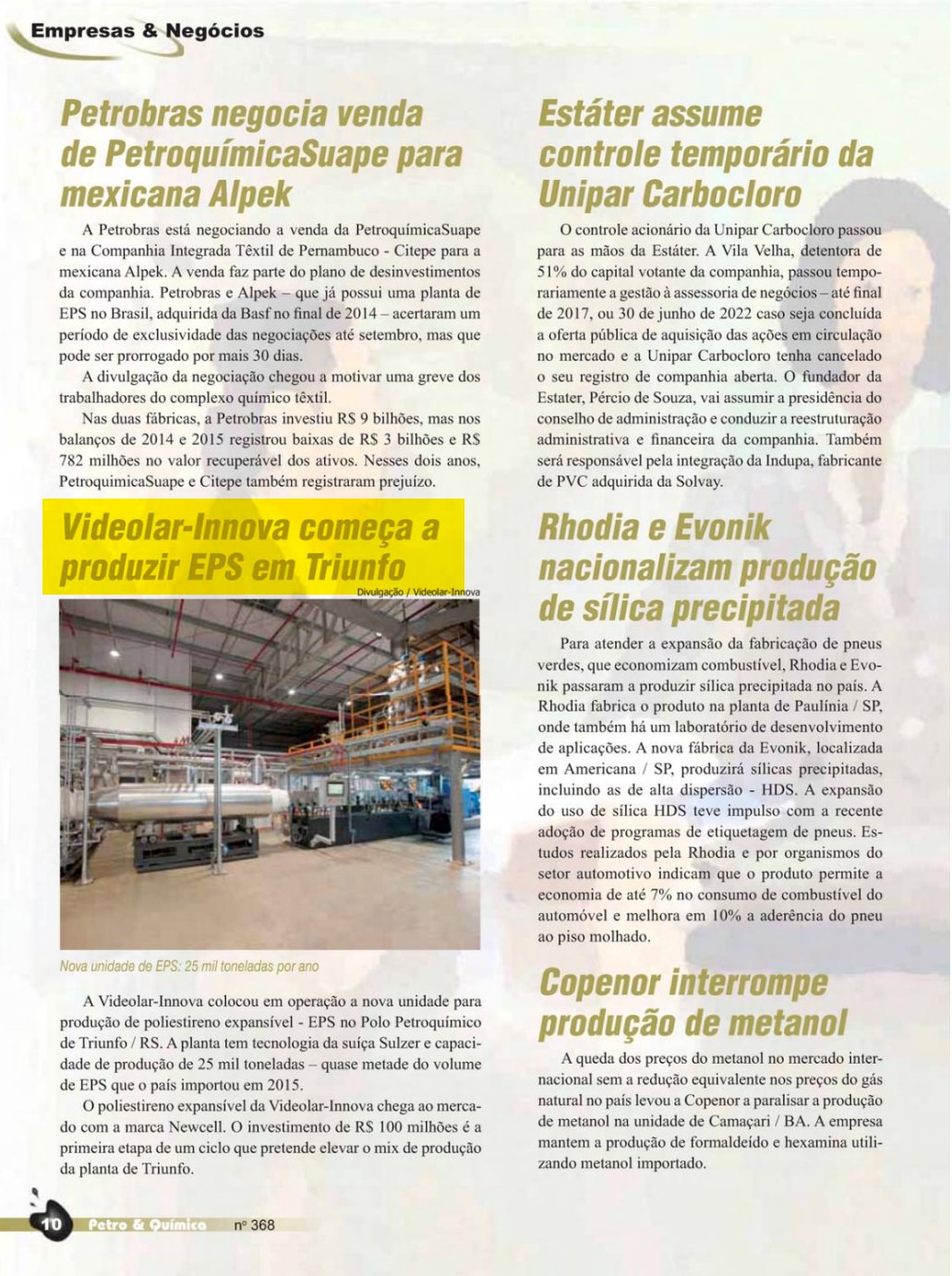 REVISTA PETRO & QUÍMICA DESTACA A FABRICAÇÃO DE NEWCELL, POLIESTIRENO ...